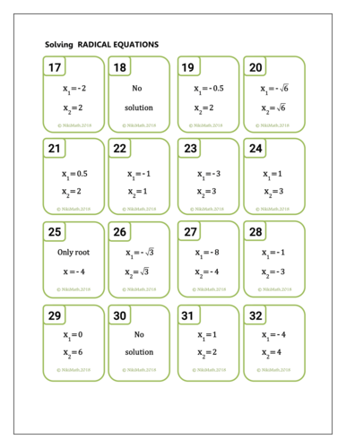 Solving Radical Equations - Matching Cards Group Activity (32 equations ...