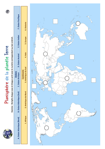 Geography in French - Planisphere to complete | Teaching Resources