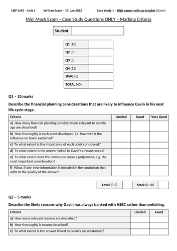 LIBF CeFS U1 Exam Jan 2022: CS1 - Mock Exam MARKING BUNDLE | Teaching ...