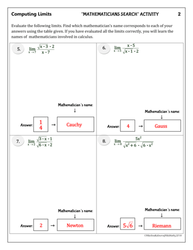 Finding Limits Analytically - "Mathematicians Search" Activity ...