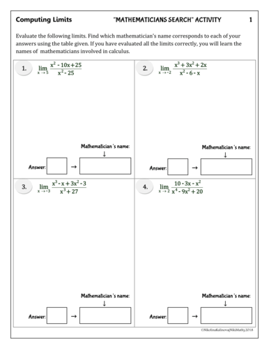 Finding Limits Analytically Mathematicians Search Activity Teaching Resources