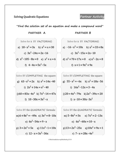 Solving Quadratic Equations (All Methods)- Partner Activity "Make ...