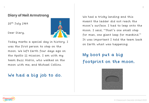 Year 1 Reading Skills - Diary of Neil Armstrong | Teaching Resources
