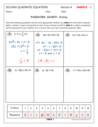 QUADRATIC EQUATIONS (All Methods) - "Password Search" Activity (4 ...