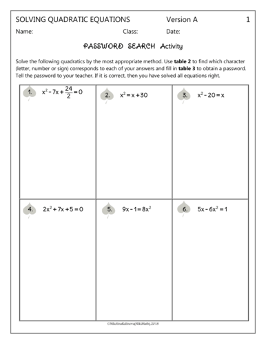 QUADRATIC EQUATIONS (All Methods) - "Password Search" Activity (4 ...