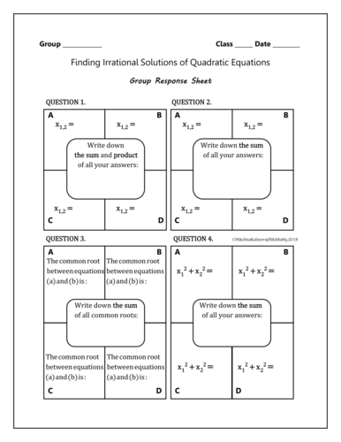 Quadratic Equations with Irrational Solutions - Group Activity ...
