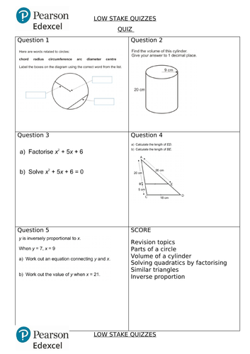 Year 11 Higher GCSE maths starter quiz | Teaching Resources