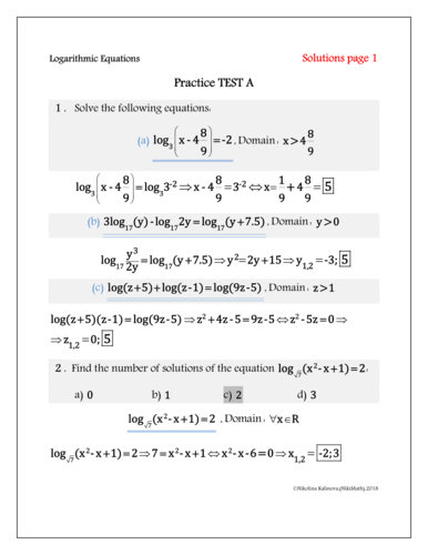 Logarithmic Equations - 2 Multiple-Choice Tests & HW (28 problems ...