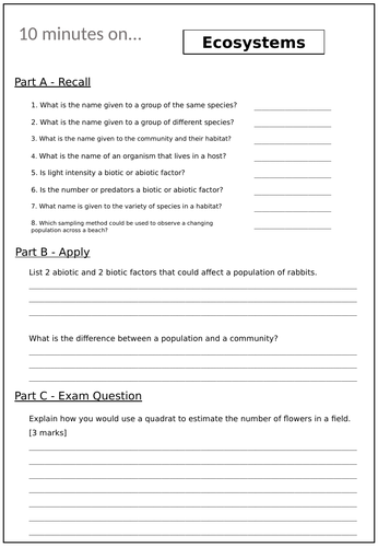 GCSE Recall Worksheet - Ecosystems | Teaching Resources