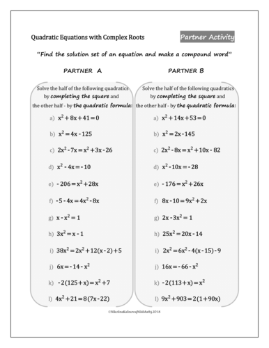 Quadratic Equations with Complex Roots - Partner Activity"Make Compound ...