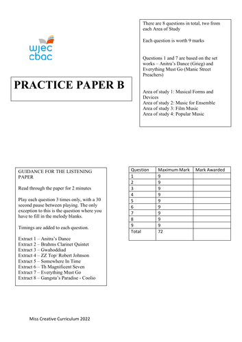 WJEC GCSE Music Practice Papers A, B and C | Teaching Resources