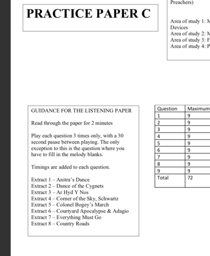 WJEC GCSE Music Practice Papers A, B and C | Teaching Resources