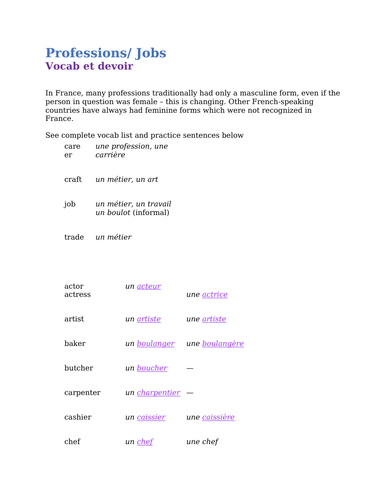 French professions / jobs -Les métiers / les professions vocab list and ...
