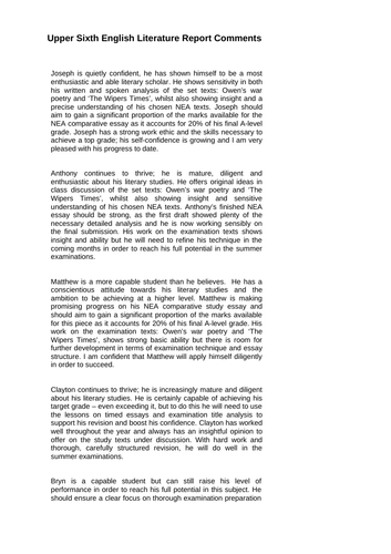 Year 13 English Literature Report Comments | Teaching Resources