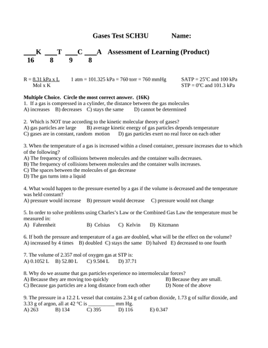 10 GAS ASSESSMENTS Gases Unit Tests Gases Unit Quizzes WITH ANSWERS ...