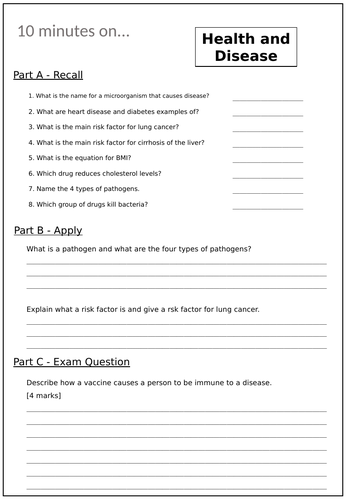 GCSE Recall Worksheet - Health and Disease | Teaching Resources