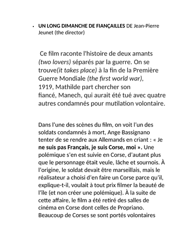 UN LONG DIMANCHE DE FIANÇAILLES - revision sheet/ vocabulary builder A ...