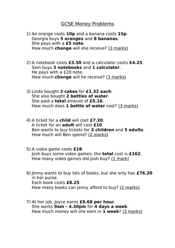 Mathematics Gcse Money Problems Teaching Resources