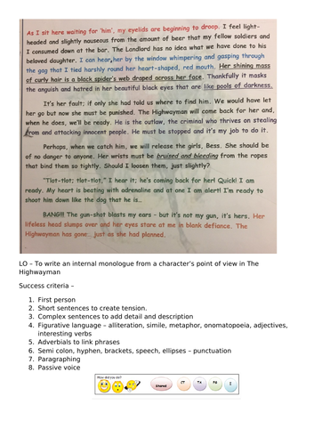 Text example internal monologue - The Highwayman | Teaching Resources