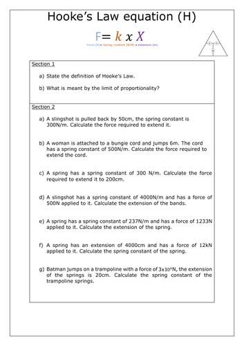 Hooke's Law equation -differentiated with answers worksheet | Teaching ...