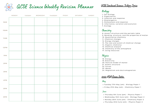 GCSE Science Revision Weekly Wall Planner Organiser - AQA Breakdown of ...