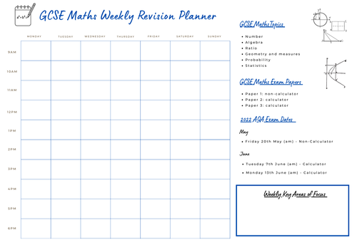 GCSE Maths Revision Weekly Wall Planner Organiser - AQA Maths Topics ...