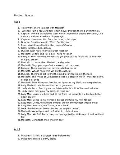 Macbeth - Quotes and Tests | Teaching Resources