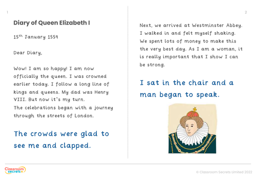 Year 1 Reading Skills - Diary of Queen Elizabeth I | Teaching Resources