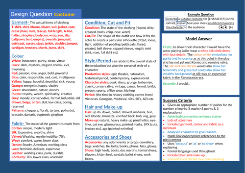 GCSE Drama Technical Design Placemats/Knowledge Organisers (WJEC UNIT 3 ...