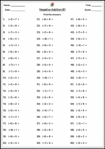 12 Negative Operation Worksheet B | Teaching Resources