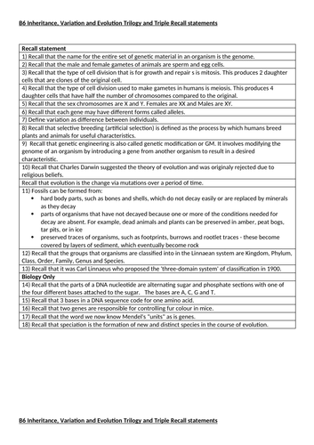 AQA GCSE Biology B1-B7 Checklist, Recall statements and Recall tests ...