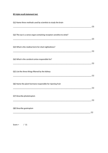 AQA GCSE Biology B1-B7 Checklist, Recall statements and Recall tests ...