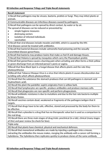 AQA GCSE Biology B1-B7 Checklist, Recall statements and Recall tests ...