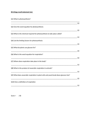 AQA GCSE Biology B1-B7 Checklist, Recall statements and Recall tests ...