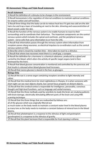 AQA GCSE Biology B1-B7 Checklist, Recall statements and Recall tests ...