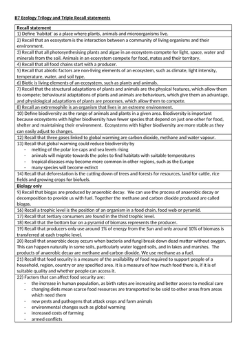 AQA GCSE Biology B1-B7 Checklist, Recall statements and Recall tests ...