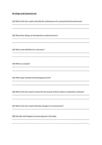 AQA GCSE Biology B1-B7 Checklist, Recall statements and Recall tests ...