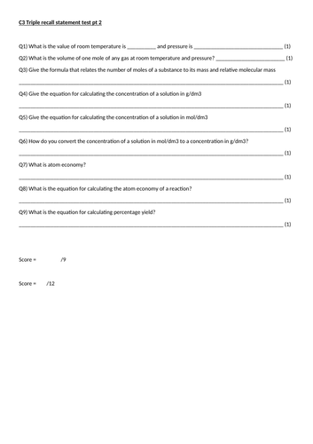 AQA Chemistry C1-C10 Checklists, Recall statements and Recall tests ...