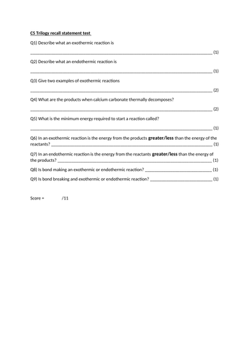 AQA Chemistry C1-C10 Checklists, Recall statements and Recall tests ...
