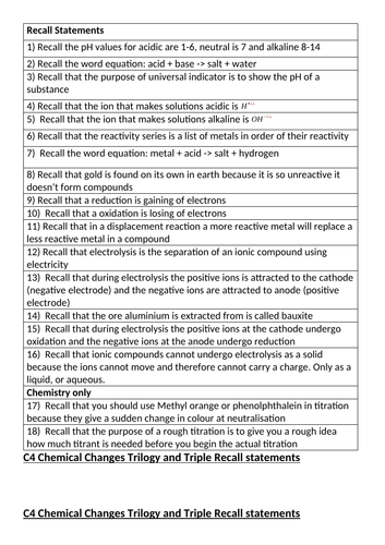 AQA Chemistry C1-C10 Checklists, Recall statements and Recall tests ...