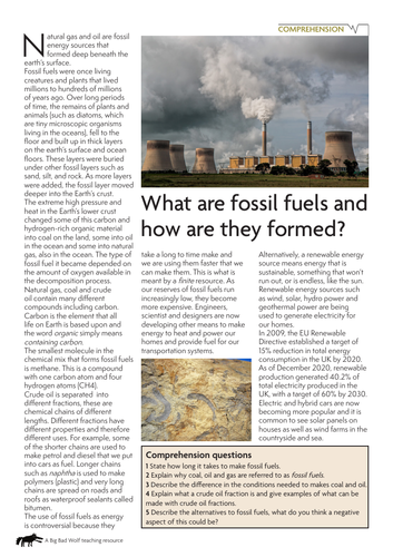 Comprehension- What are fossil fuels and how are they formed ...