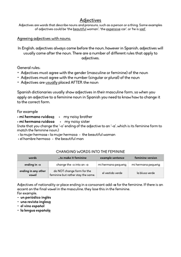 Spanish Adjective Agreement | Teaching Resources
