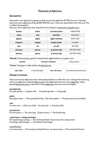 Spanish adjective placement and apocopation | Teaching Resources