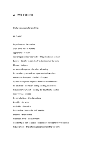 List of Vocabulary for studying A level French film LA CLASSE (entre ...