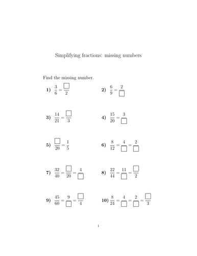 Simplifying fractions: missing numbers worksheet no 4 (with answers ...