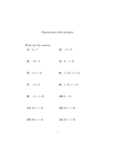 Operations with integers worksheet no 2 (with solutions) | Teaching ...