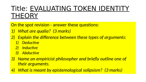 AQA A Level Philosophy: Identity Theory SoW | Teaching Resources