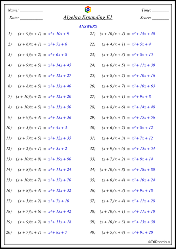 12 Algebra Expanding Worksheet B | Teaching Resources