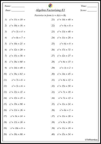 12 Algebra Factorising Worksheet B | Teaching Resources