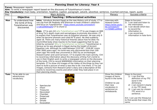 Year 4 English Newspaper Writing Complete Unit Ancient Egypt Discovery ...